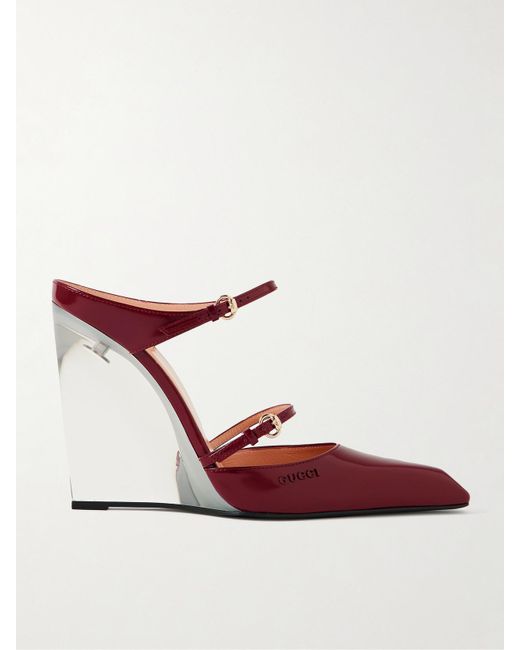 Gucci Glossed-Leather Wedge Mules in Red | Lyst