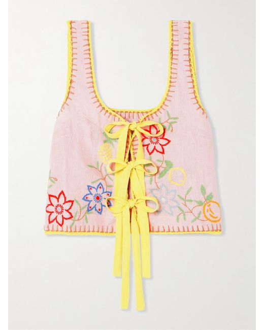 ALÉMAIS Olivia Tie-Detailed Embroidered Linen Top in Pink | Lyst