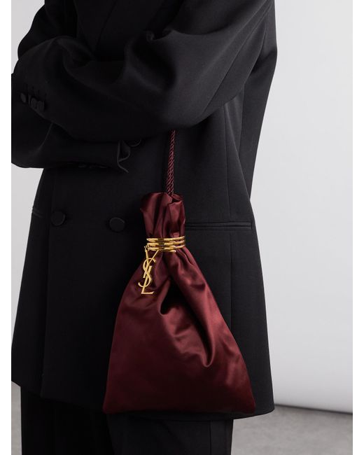 Saint Laurent Embellished Satin Bucket Bag in Red | Lyst