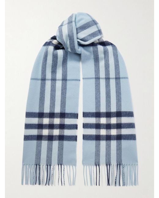 Burberry Fringed Checked Cashmere Scarf in Blue | Lyst