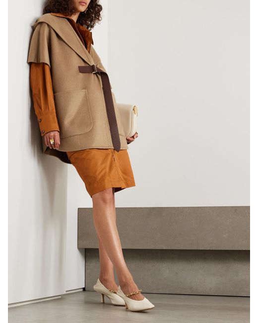 Max Mara Leather-Trimmed Cashmere Hooded Cape in Natural | Lyst