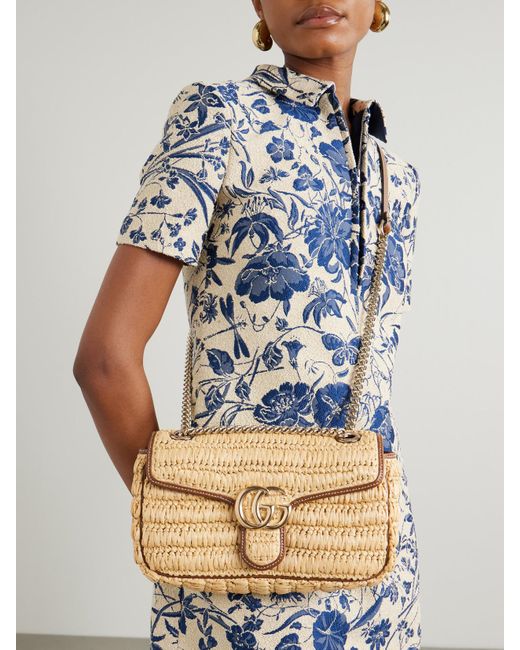 Gucci Gg Marmont 2.0 Leather-Trimmed Raffia Shoulder Bag in Natural | Lyst