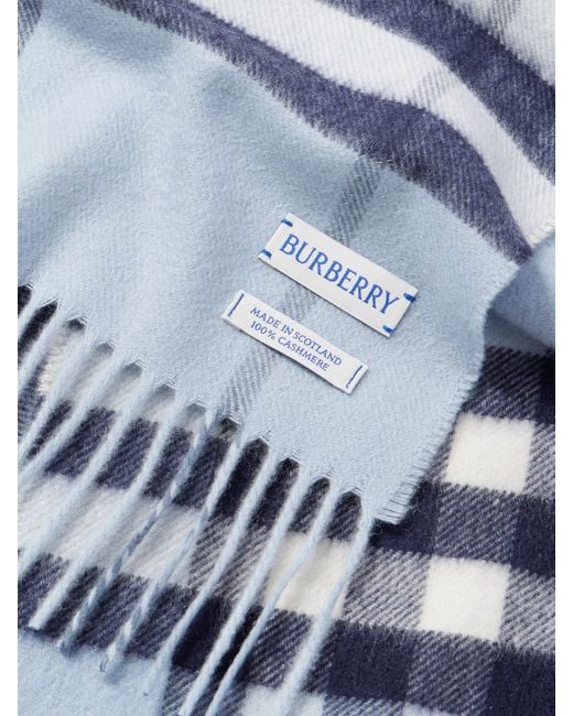 Burberry Fringed Checked Cashmere Scarf in Blue | Lyst