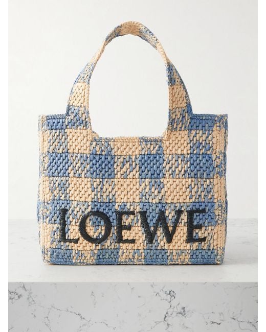 Loewe Paula's Ibiza Embroidered Checked Raffia Tote in Blue | Lyst