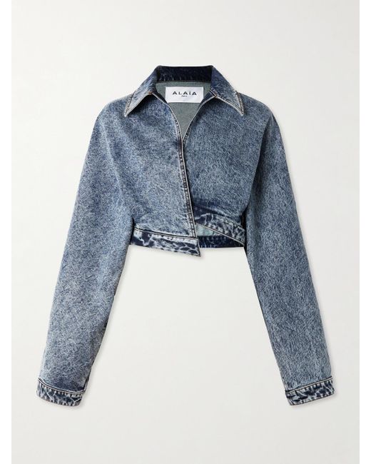 Alaïa Cropped Asymmetric Denim Jacket in Blue | Lyst