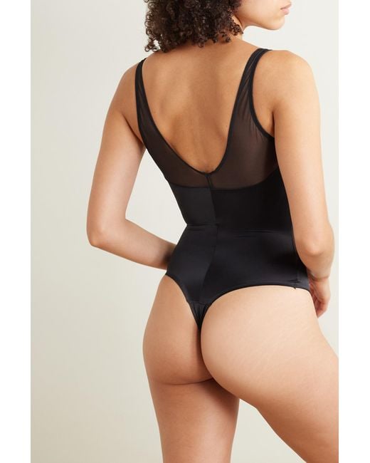 Spanx Shaping Mesh-trimmed Stretch-satin Thong Bodysuit in Black | Lyst Spanx Shaping Mesh-trimmed Stretch-satin Thong Bodysuit in Black | Lyst