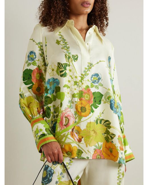 ALÉMAIS Constance Tie-Detailed Floral-Print Silk-Twill Shirt in Yellow ...