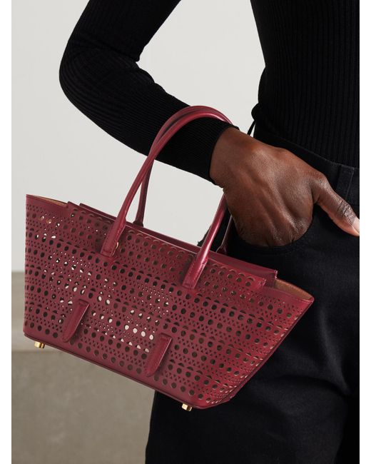 Alaïa New Mina 20 Laser-Cut Leather Tote in Red | Lyst