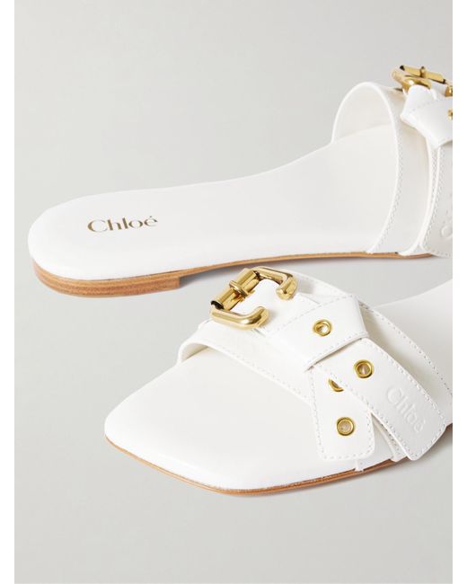 Chloé Mae Buckle-Embellished Leather Slides in Natural | Lyst