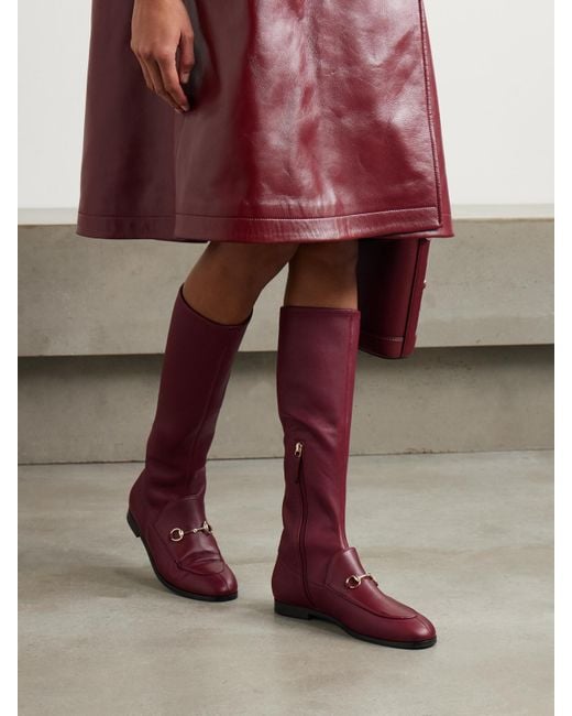 Gucci Jordaan Horsebit-Embellished Leather Knee Boots in Red | Lyst