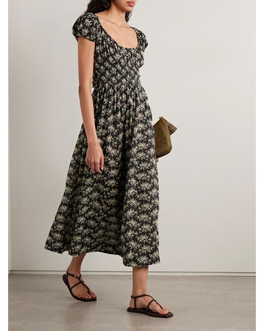 Doen Quinley Shirred Floral-Print Organic Cotton-Voile Midi Dress in ...