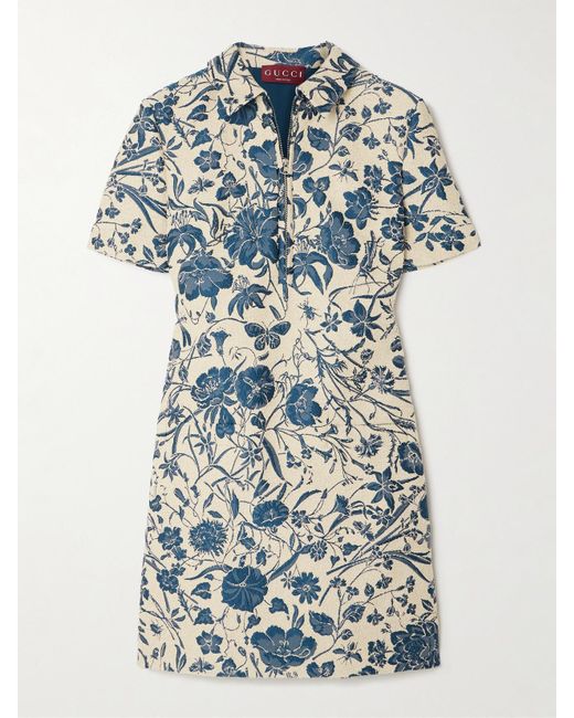 Gucci Embroidered Floral-Jacquard Bouclé Mini Dress in Blue | Lyst