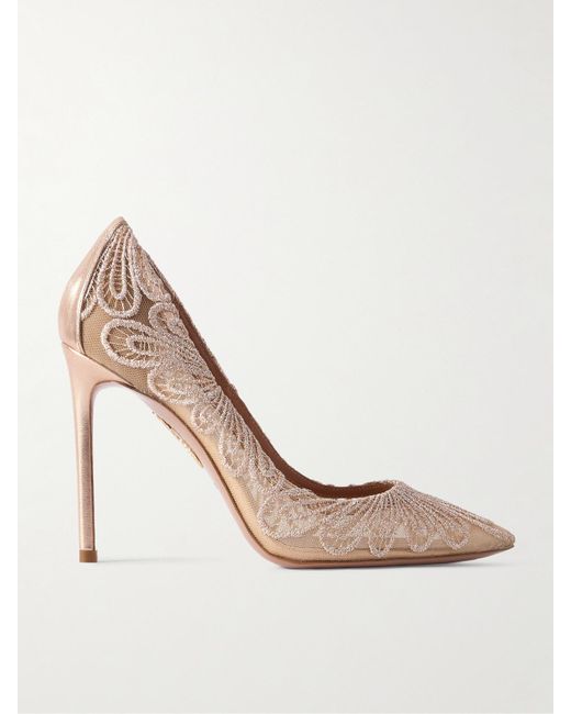 Aquazzura 105 Metallic Leather-Trimmed Chantilly Lace Pumps in White | Lyst