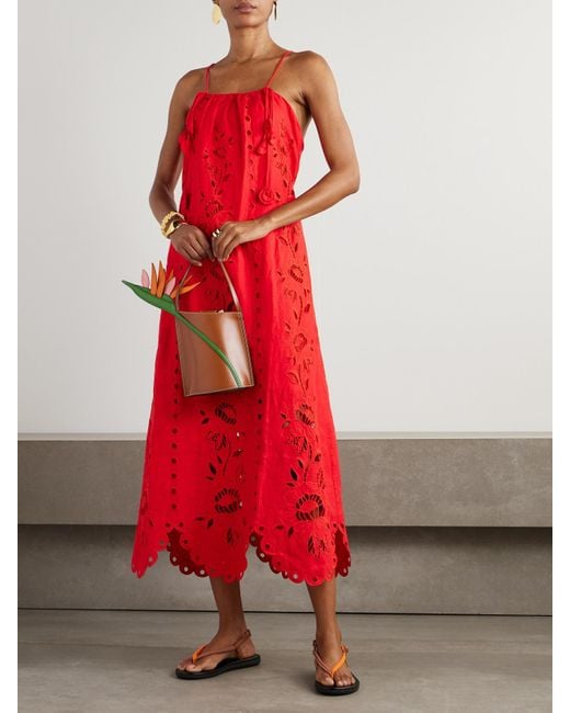 FARM Rio Embellished Broderie Anglaise Linen-Blend Midi Dress in Red | Lyst
