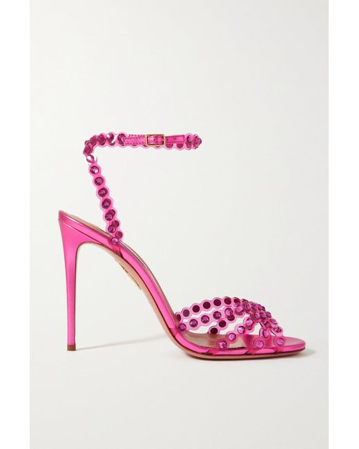 Aquazzura Tequila 105 Crystal Embellished Metallic Leather And Pvc