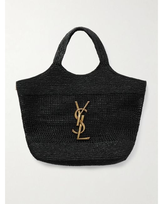 Saint Laurent Icare Maxi Embellished Raffia Tote in Black | Lyst