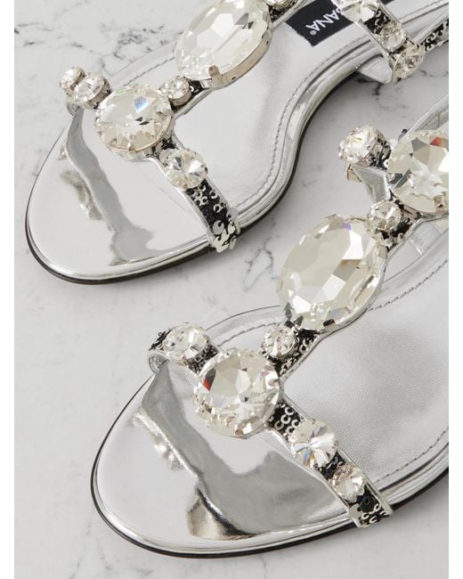 Dolce & Gabbana Bianca Embellished Metallic Leather Sandals in White | Lyst