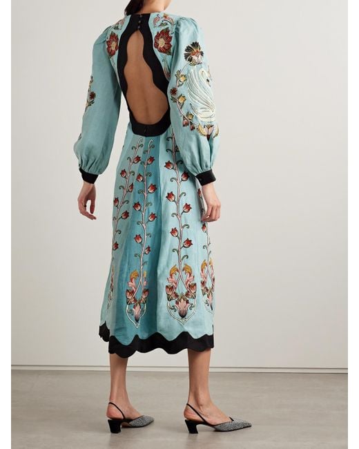 FARM Rio Open-Back Paneled Embroidered Linen Midi Dress in Blue | Lyst