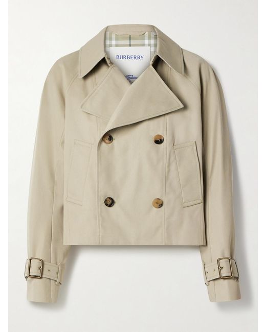 Burberry Double-Breasted Cropped Gabardine Trench Coat in Natural | Lyst