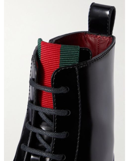 Gucci Thea Webbing-Trimmed Glossed-Leather Ankle Boots in Black | Lyst