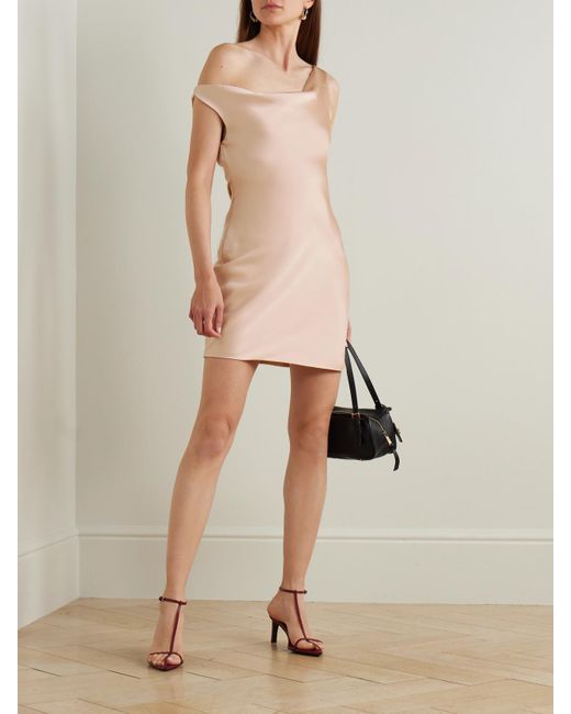 Norma Kamali Maria Off-The-Shoulder Draped Satin Mini Dress in Natural | Lyst