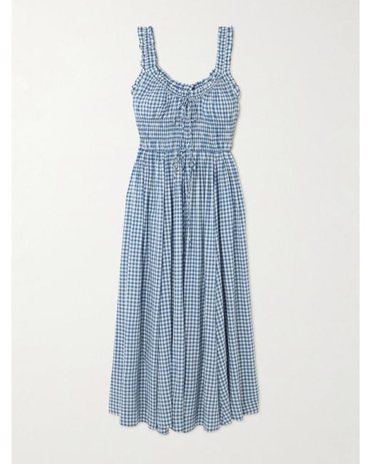 Doen Emmaretta Checked Organic Cotton-Blend Voile Midi Dress in Blue | Lyst