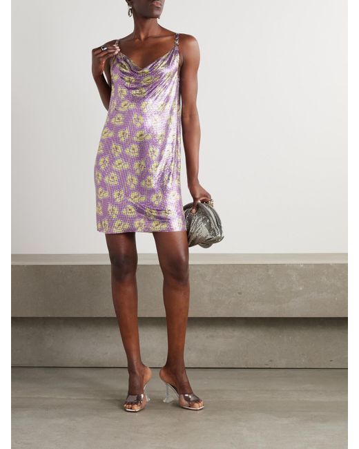 Versace Embellished Floral-Print Chainmail Mini Dress in Purple | Lyst