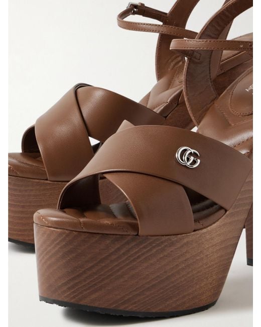 Gucci New Marmont Gg Logo-Embellished Leather Platform Sandals in Brown ...