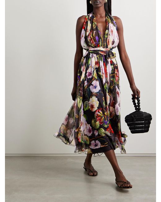 Dolce And Gabbana Gathered Floral Print Silk Chiffon Halterneck Midi