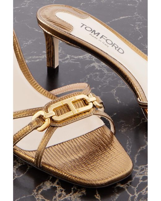 Tom Ford Embellished Lizard-Effect Metallic Leather Mules in Brown | Lyst