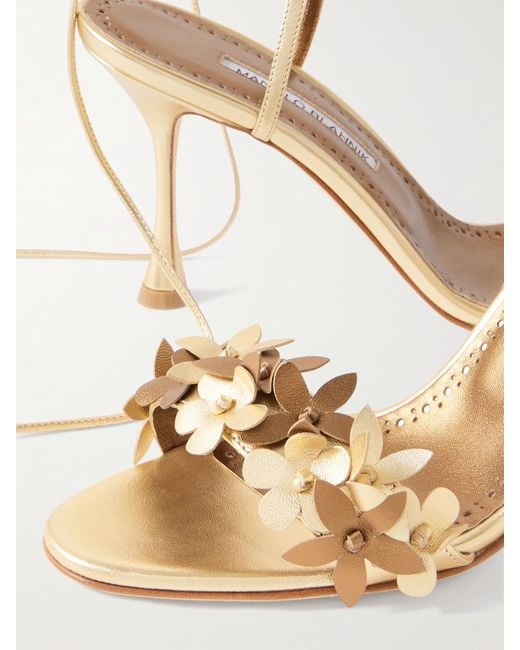 Manolo Blahnik Anista 90 Appliquéd Metallic Leather Sandals in Natural ...