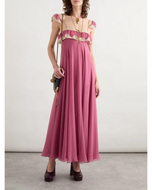 Chloé Lace-Trimmed Organic Silk-Crepon Maxi Dress in Pink | Lyst UK