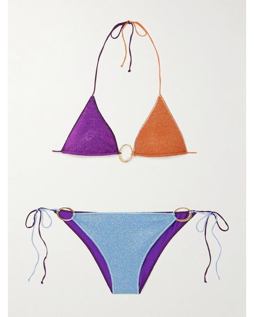 Oséree Glazed Lumière Embellished Color-Block Metallic Triangle Bikini ...