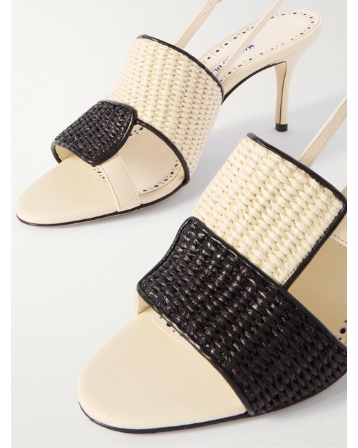 Manolo Blahnik Fabiola 70 Leather-Trimmed Raffia Slingback Sandals in Natural | Lyst