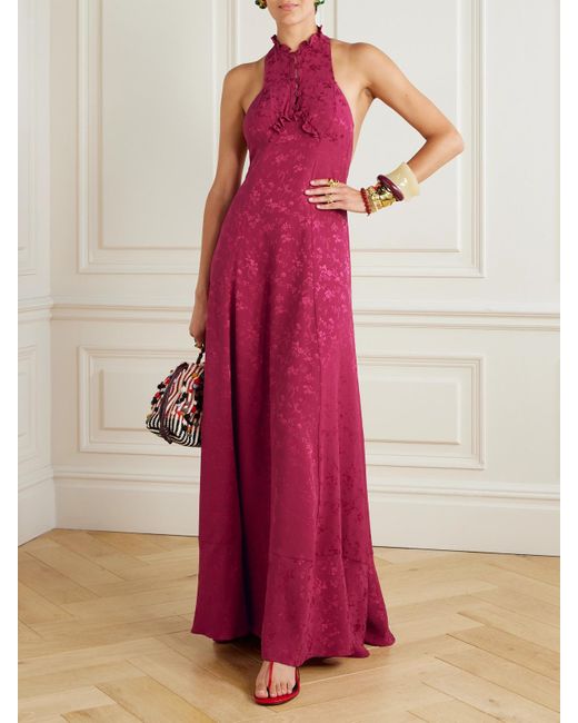 Maison Mayle Valentine Ruffled Silk-Jacquard Halterneck Maxi Dress in ...