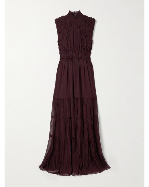 Ulla Johnson Verona Ruffled Smocked Silk-Crepon Gown in Purple | Lyst UK