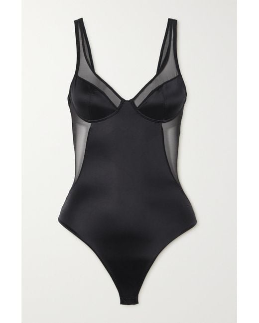 Spanx Shaping Mesh-trimmed Stretch-satin Thong Bodysuit in Black | Lyst Spanx Shaping Mesh-trimmed Stretch-satin Thong Bodysuit in Black | Lyst