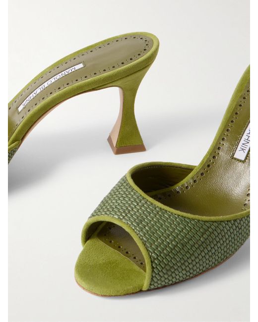 Manolo Blahnik Jadara 70 Suede-Trimmed Raffia Sandals in Green | Lyst