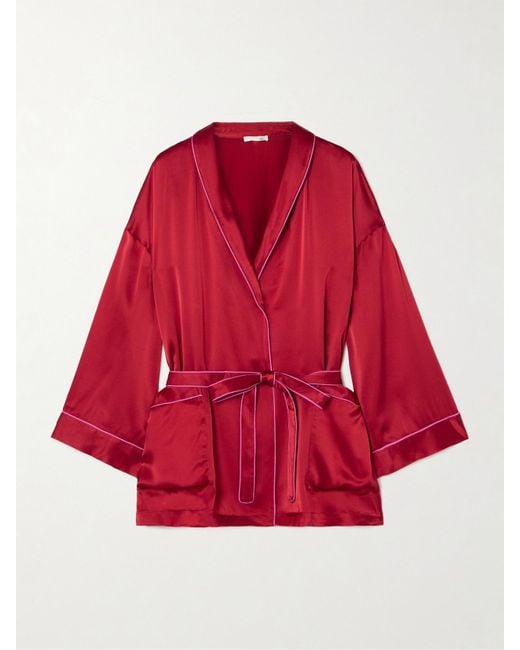 Skin Joy Piped Silk-Satin Robe in Red | Lyst