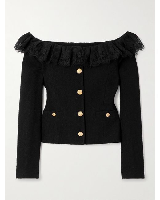 Alessandra Rich Off-The-Shoulder Crystal-Embellished Lace-Trimmed Wool ...