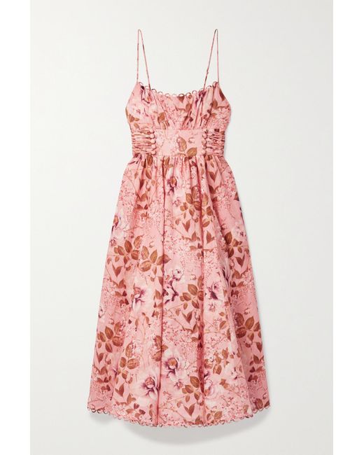 Zimmermann Rosa Floral Print Linen Midi Dress In Pink Lyst