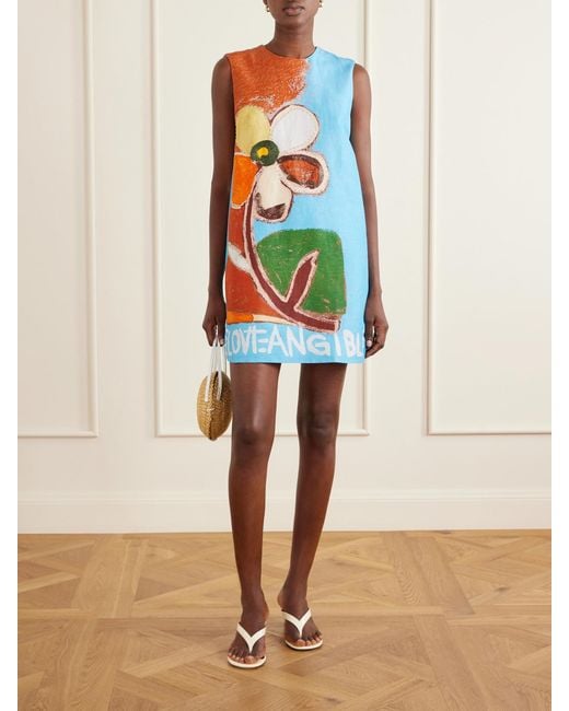 ALÉMAIS Lenny Embellished Printed Linen-Blend Mini Dress in Blue | Lyst UK