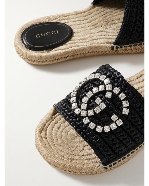 Gucci Cora Crystal-Embellished Raffia Espadrille Sandals in Black | Lyst