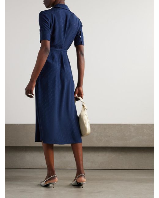 Gucci Belted Pleated Silk-Jacquard Midi Shirt Dress in Blue | Lyst