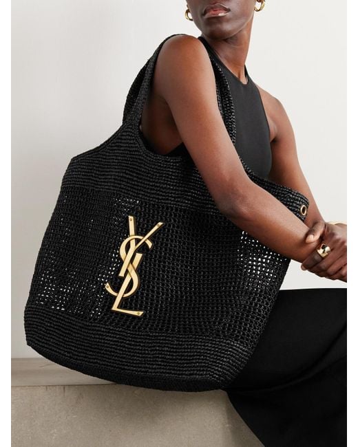 Saint Laurent Icare Maxi Embellished Raffia Tote in Black | Lyst
