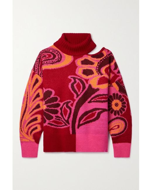 FARM Rio Cutout Intarsia-knit Turtleneck Sweater in Red | Lyst