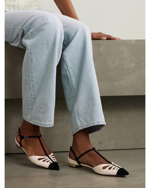 Aquazzura Camille Suede-Trimmed Cutout Leather Point-Toe Flats in ...