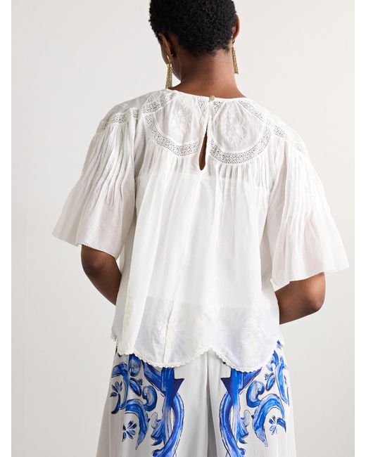 FARM Rio Crochet-Trimmed Embroidered Cotton-Voile Blouse in White | Lyst