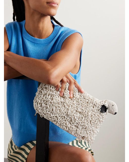 STAUD Prairie Leather-Trimmed Beaded Satin Clutch in Natural | Lyst UK