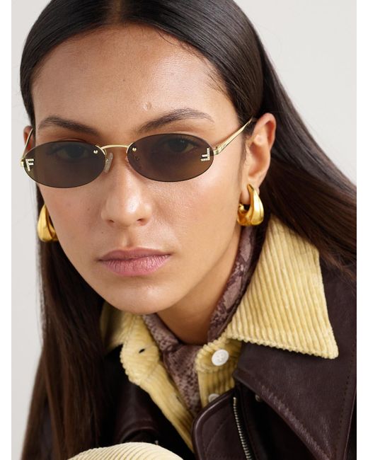 Fendi Oval-Frame Crystal-Embellished-Tone Sunglasses in Natural | Lyst UK